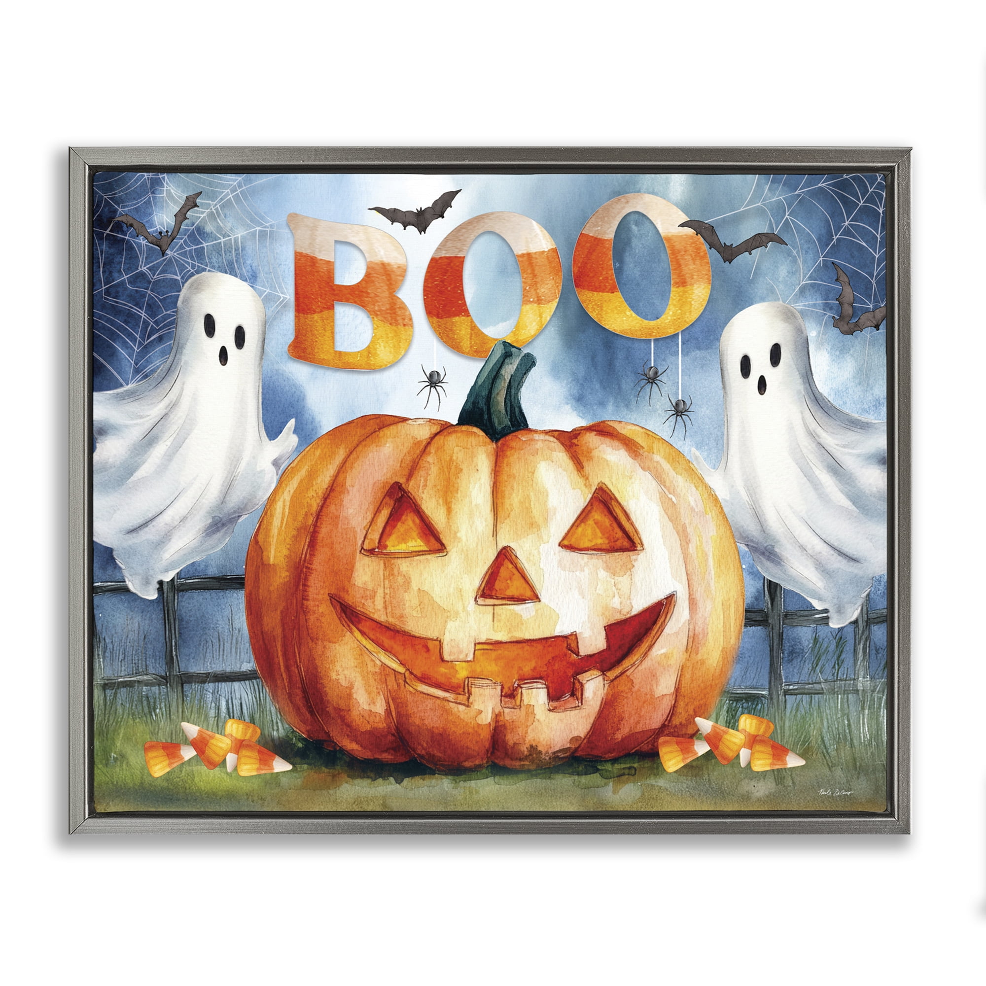 Stupell Industries Boo Ghosts & Jack-o-Lantern Gray Framed Floater ...