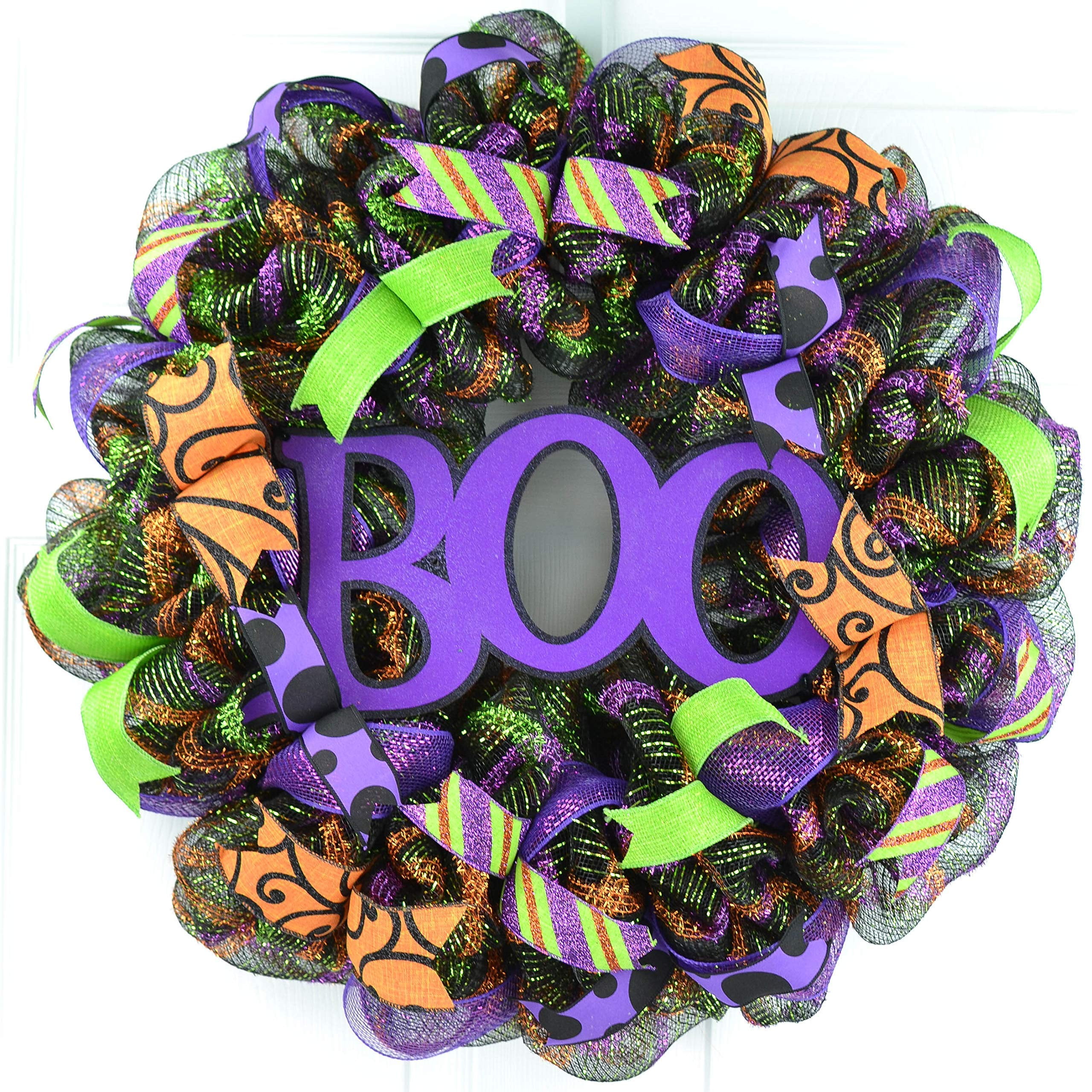 Boo Halloween Door Wreaths | Purple Boo Mesh Outdoor Wreath; Black Lime ...
