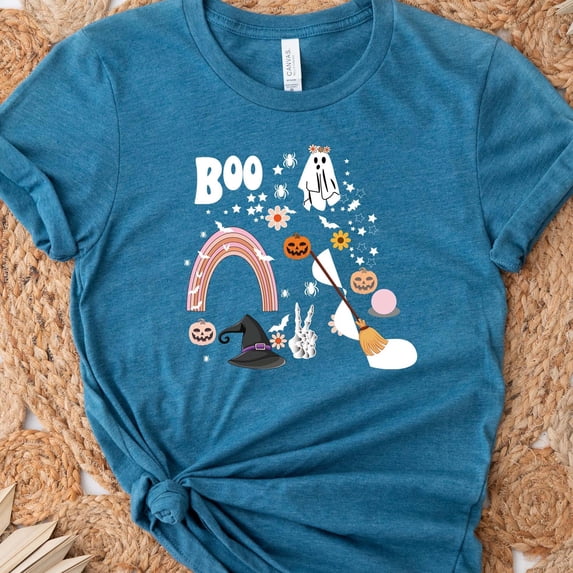 Boo Halloween Shirt Cute Ghost Rainbow Witch Hat Shirt Retro Fall ...