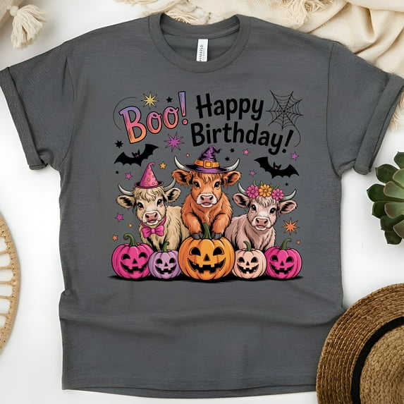 Boo! Happy Birthday T-Shirt | Cute Cow Halloween Birthday Graphic Tee ...