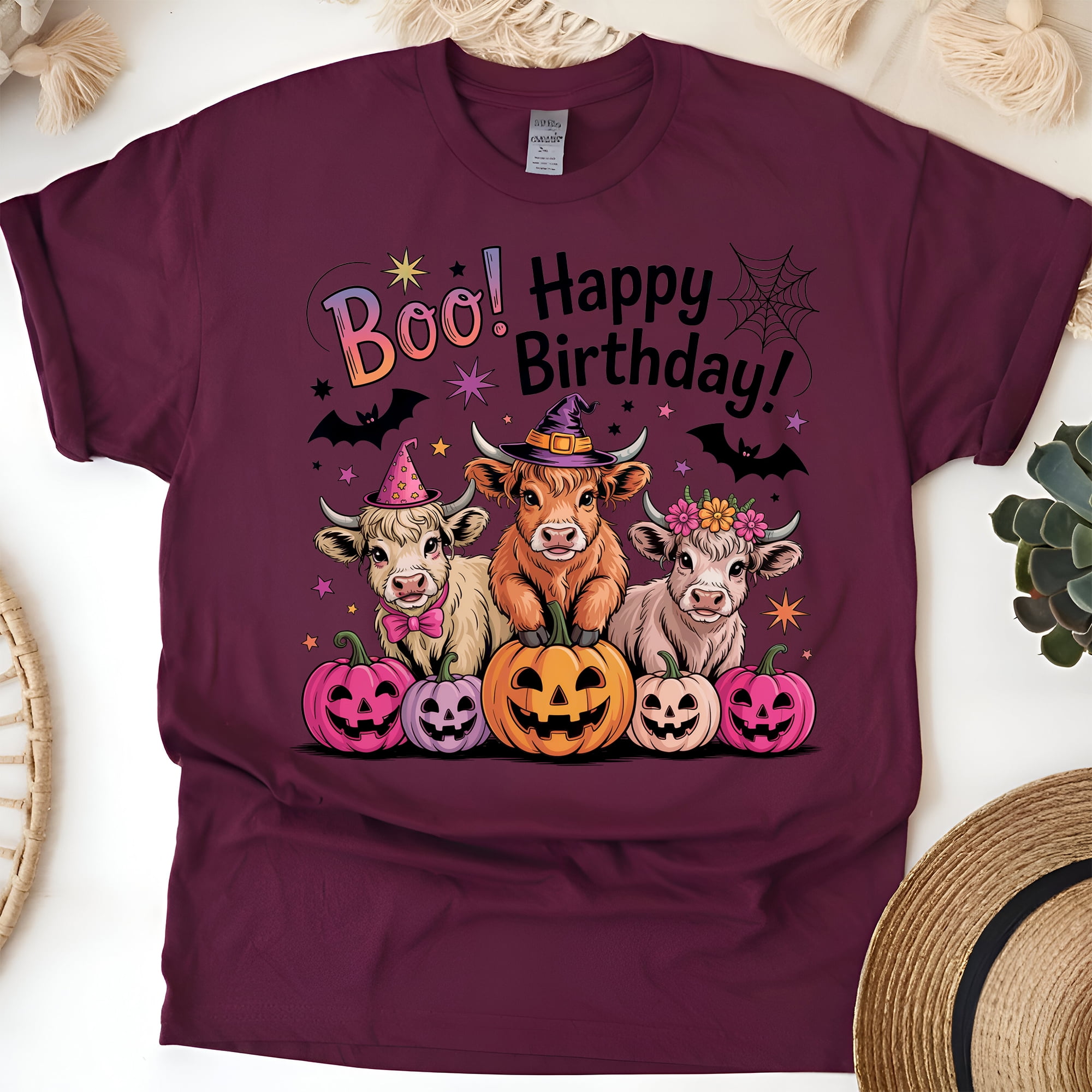 Boo! Happy Birthday T-Shirt | Cute Cow Halloween Birthday Graphic Tee ...