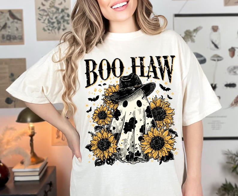 Boo Haw Cowgirl Halloween T-Shirt, Western Ghost with Cow Spots and ...