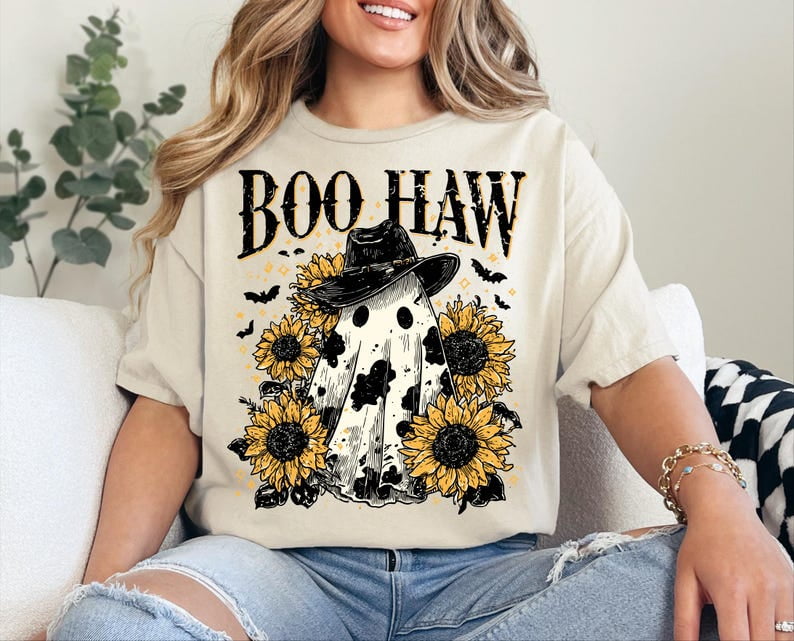 Boo Haw Western Halloween T-Shirt, Spooky Cowgirl Shirt with Cow Print ...