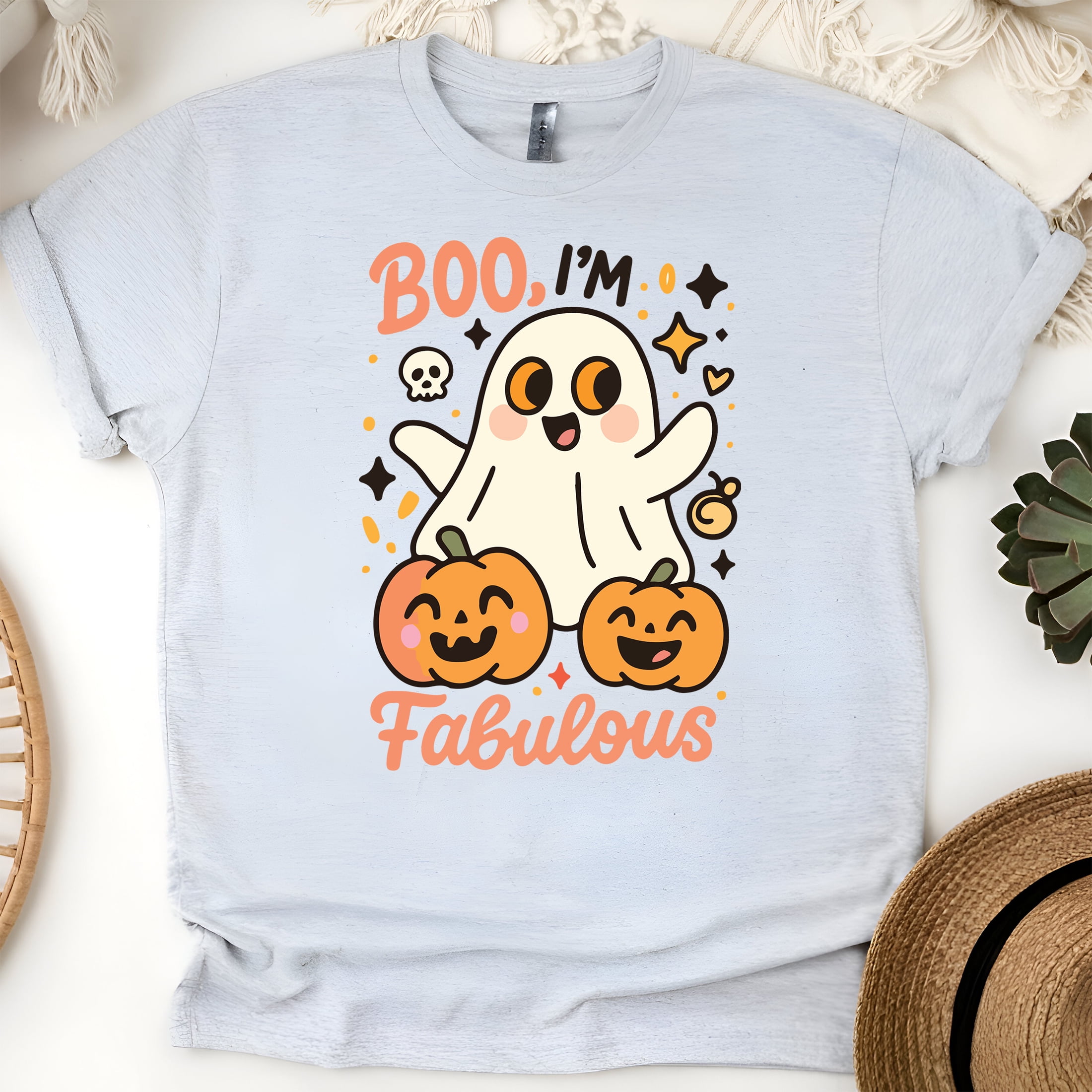 Boo I’m Fabulous Graphic Tee Funny Ghost Pumpkin Cartoon Shirt, Ash ...