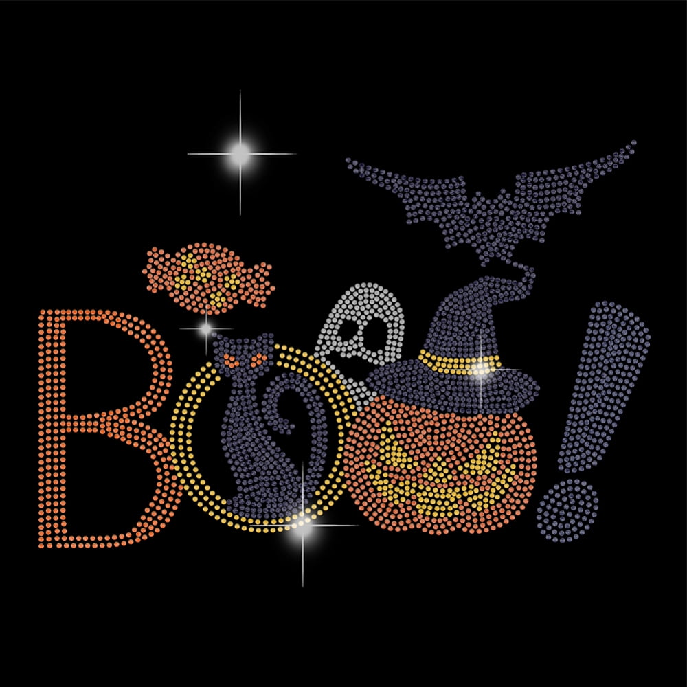 Boo Iron on Rhinestones Transfer Pumpkin Bling Decals for T-Shirt DIY ...