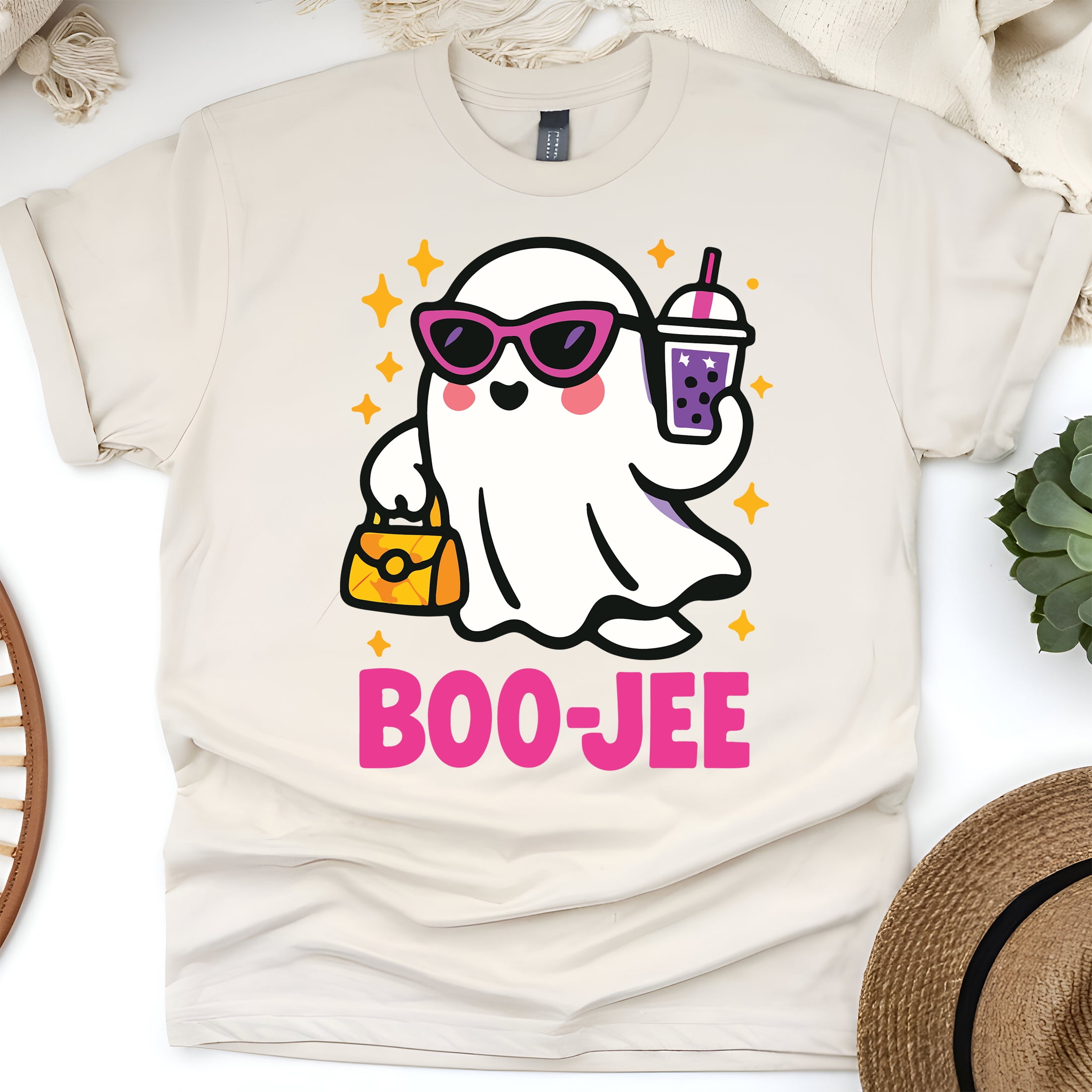 Boo Jee Ghost Graphic Tee | Cute Kawaii Bubble Tea T-Shirt for Women, Natural, Size M - Walmart.com
