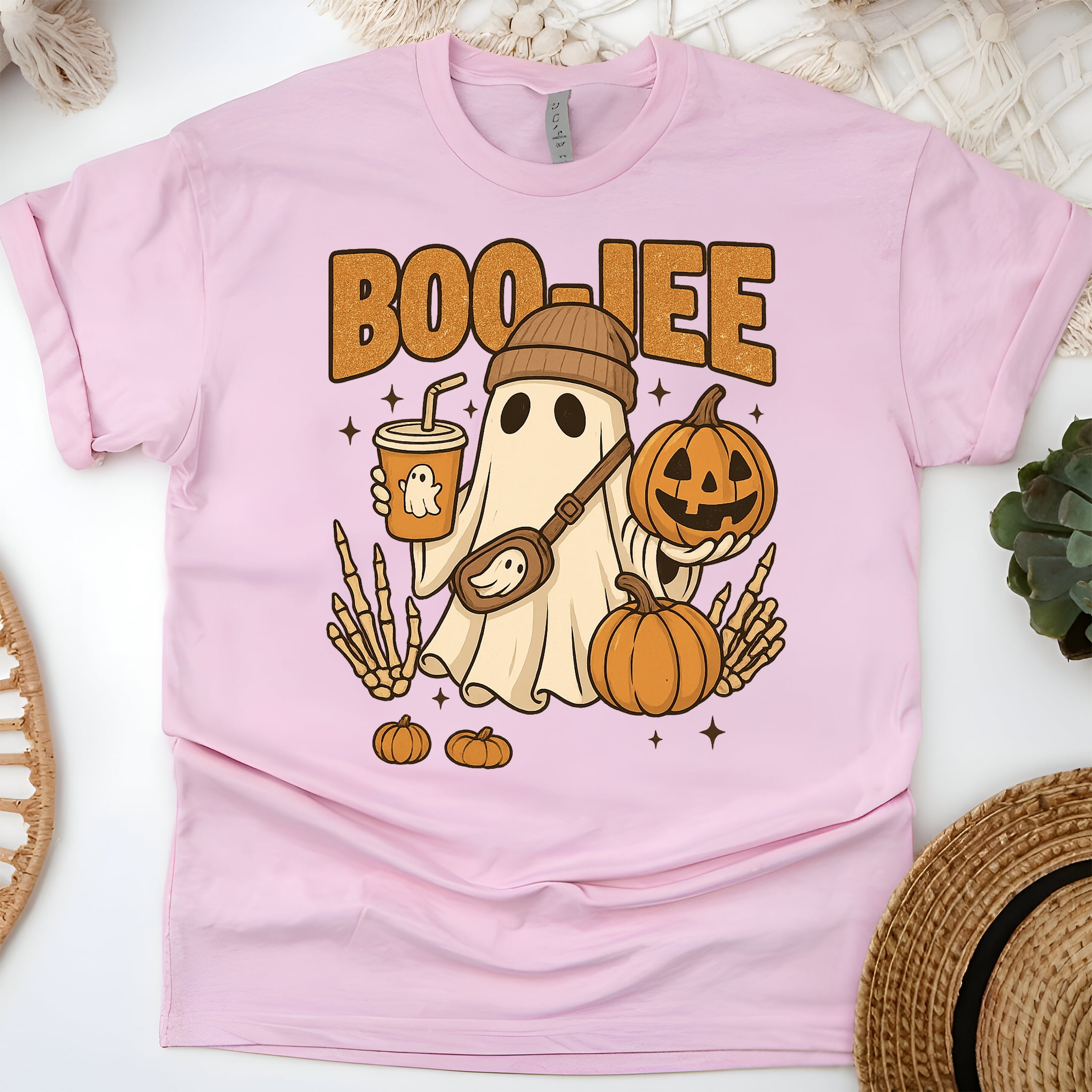 Boo-Jee Ghost Pumpkin Coffee Halloween Graphic T-Shirt, Light Pink ...