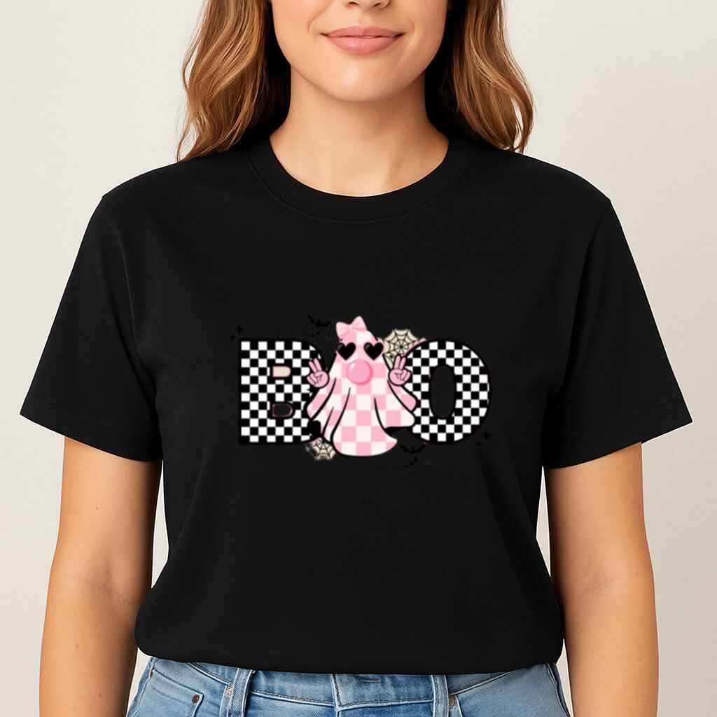 Boo Pink Ghost With Checkered Letters Funny Halloween Unisex T-Shirt up ...