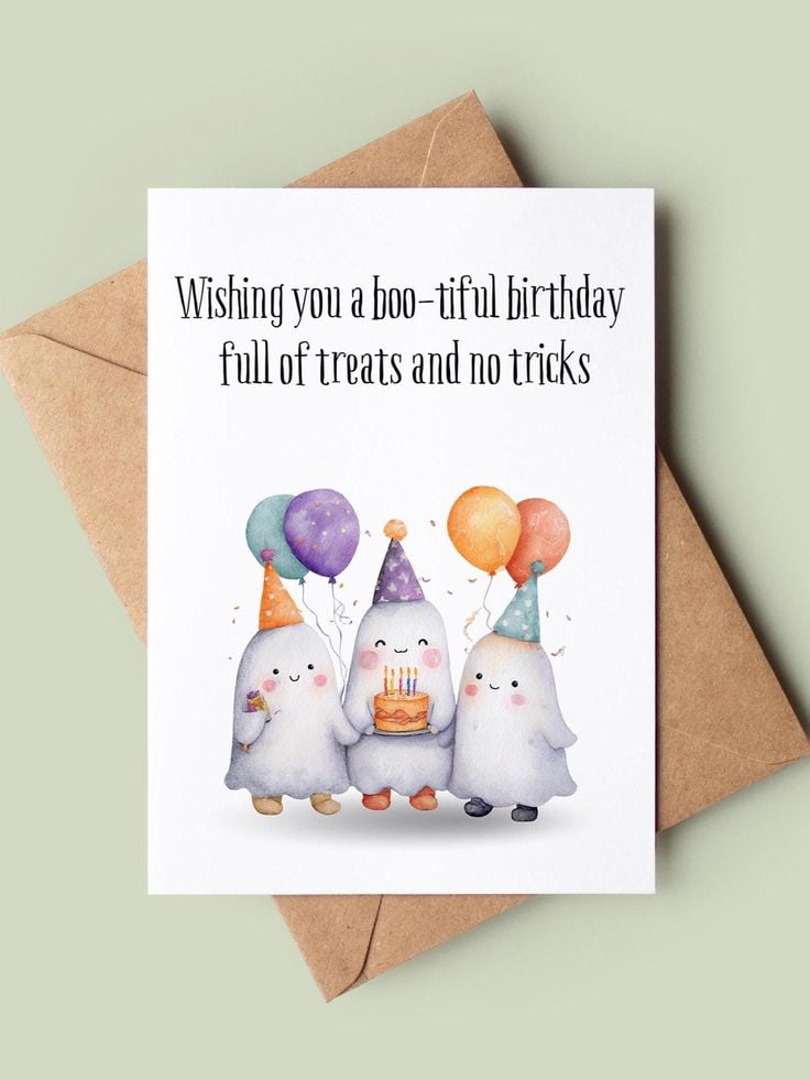 Boo-tiful Birthday Card Featuring Cute Ghosts with Balloons and Cake ...