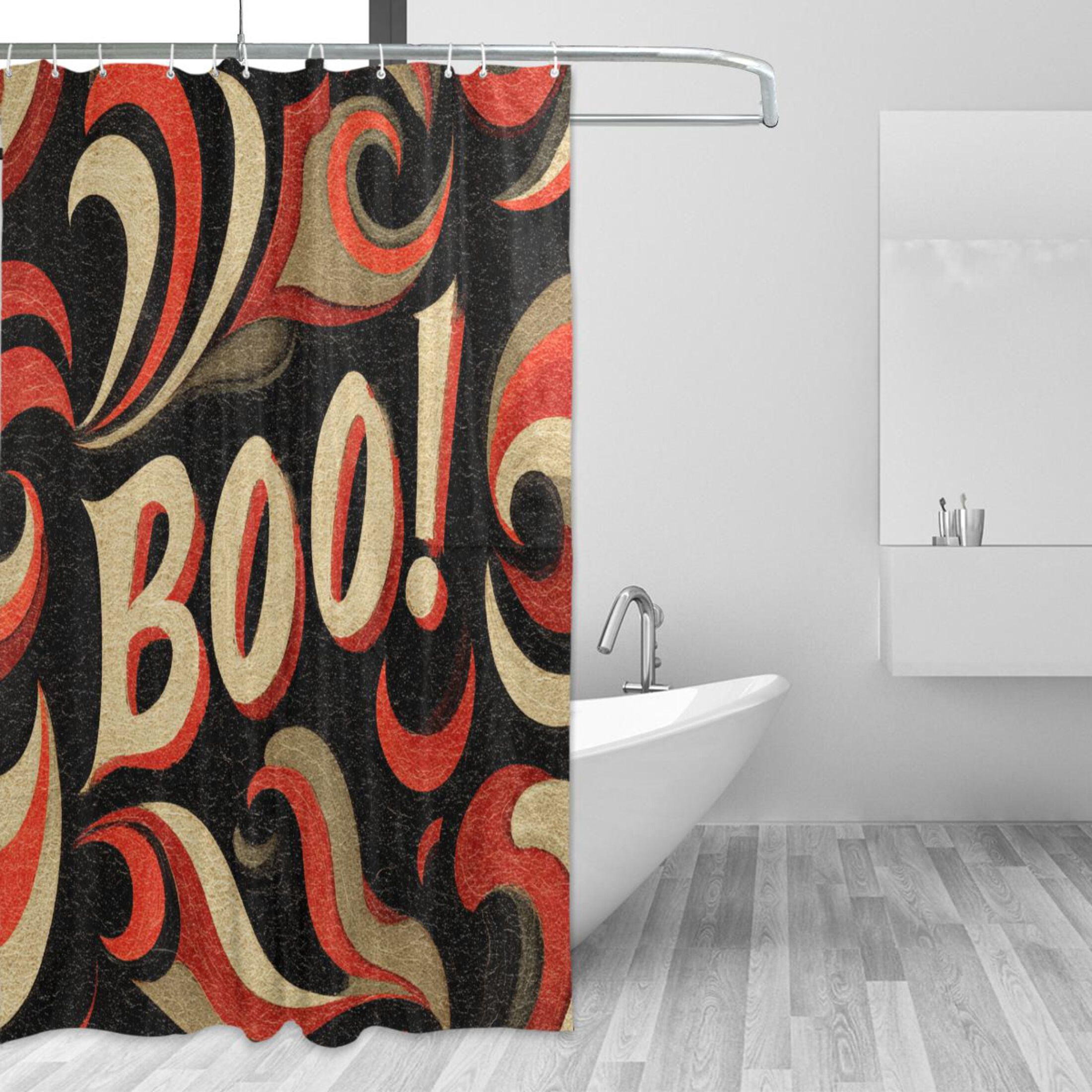 Boo with Abstract Pattern Halloween Shower Curtains with 12 Hooks ...