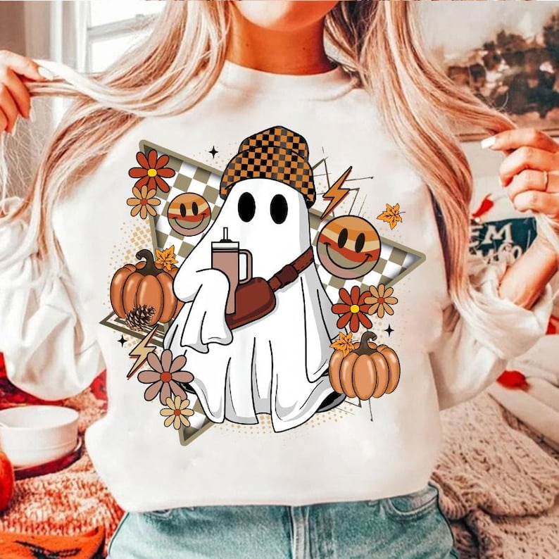Boojee Ghost Halloween Sweatshirt, Retro Checkered Shirt with Girly Bow ...