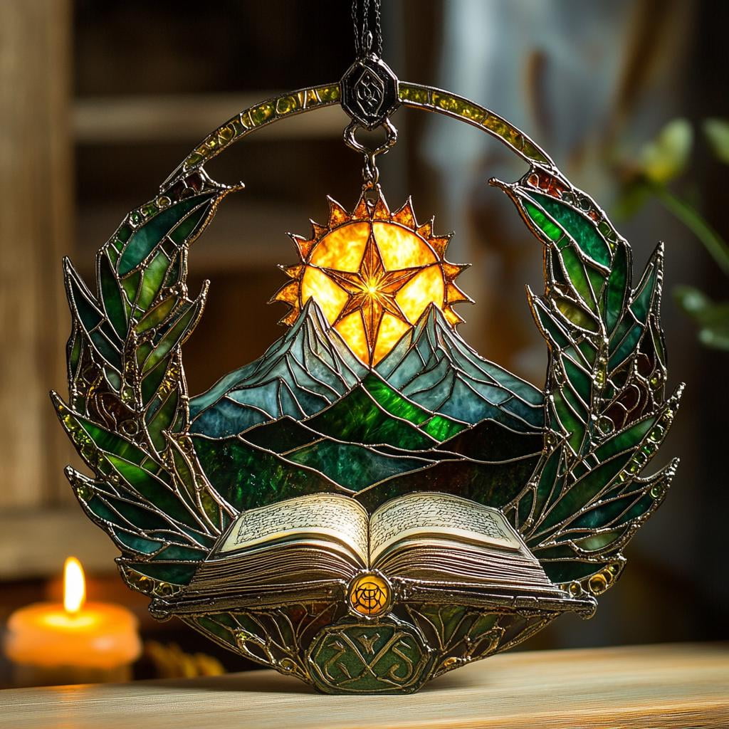 Book Acrylic Suncatcher Elven Book and Sun Faux Stained Glass Window ...