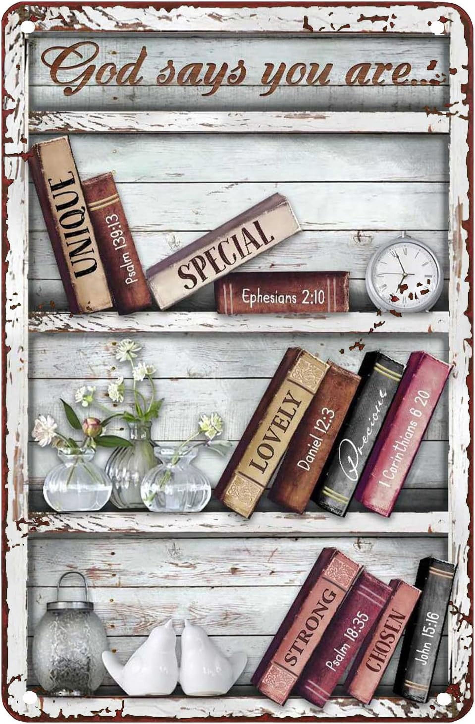 Book Art Wall Decor Bookshelf God God Says You are Unique Tin Signs for ...