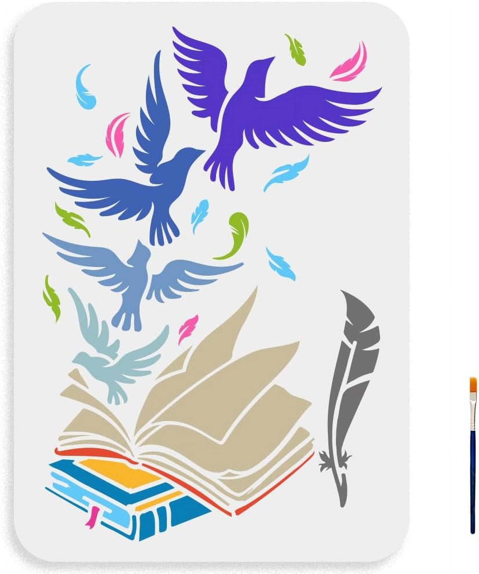 Book and Bird Stencil 11.7×8.3inch Large Stacked Book Flying Birds ...