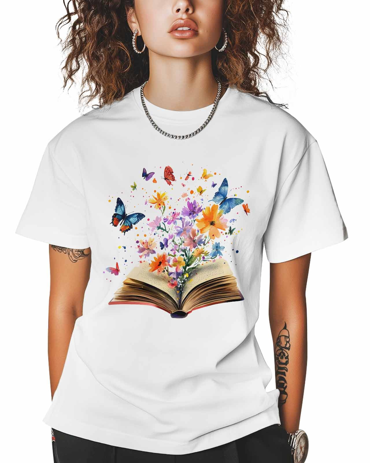 Book Butterfly Flowers T Shirts for Women Short Sleeve Cotton Crewneck ...