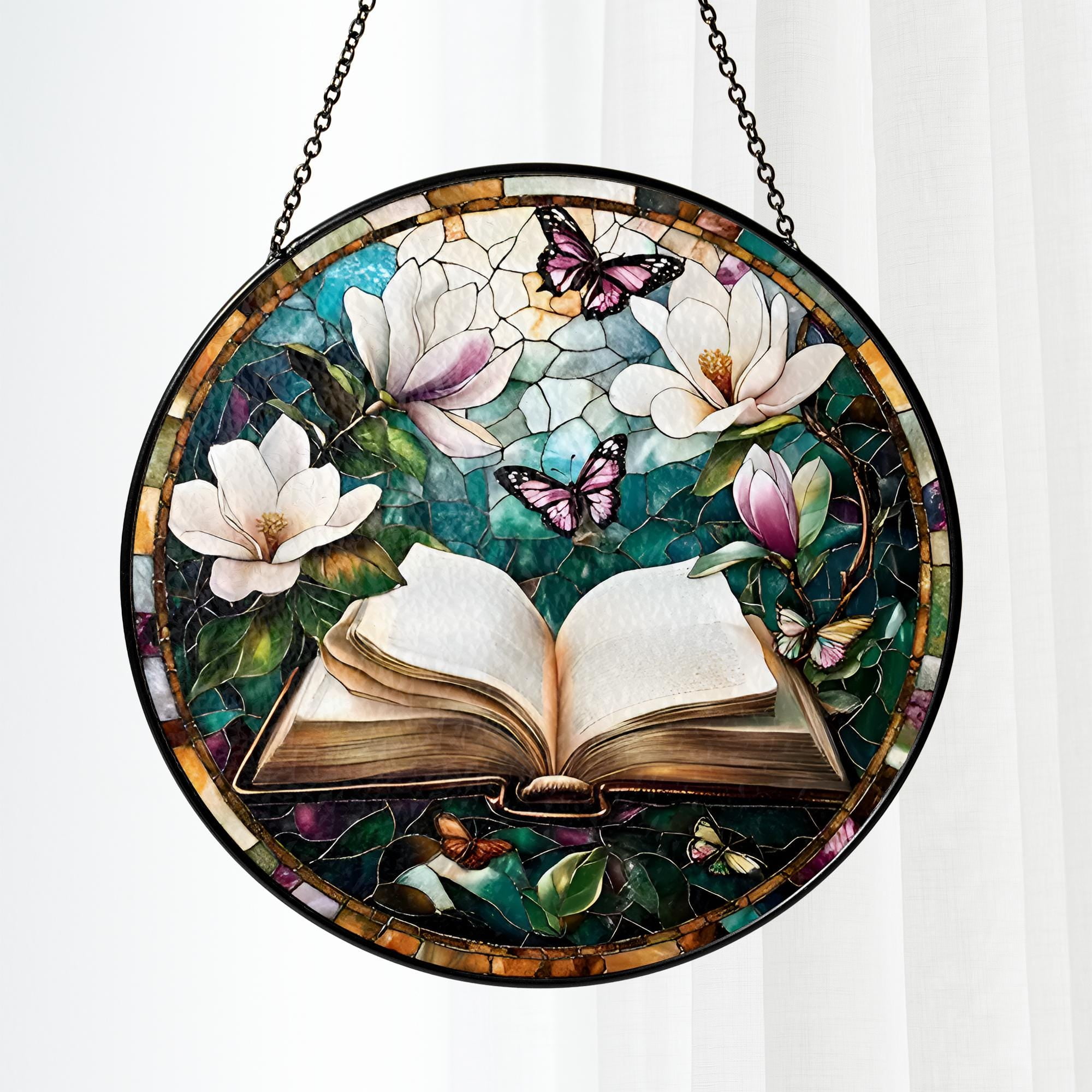 Book and Butterfly Stained Glass Suncatcher, Floral Magnolia Window ...