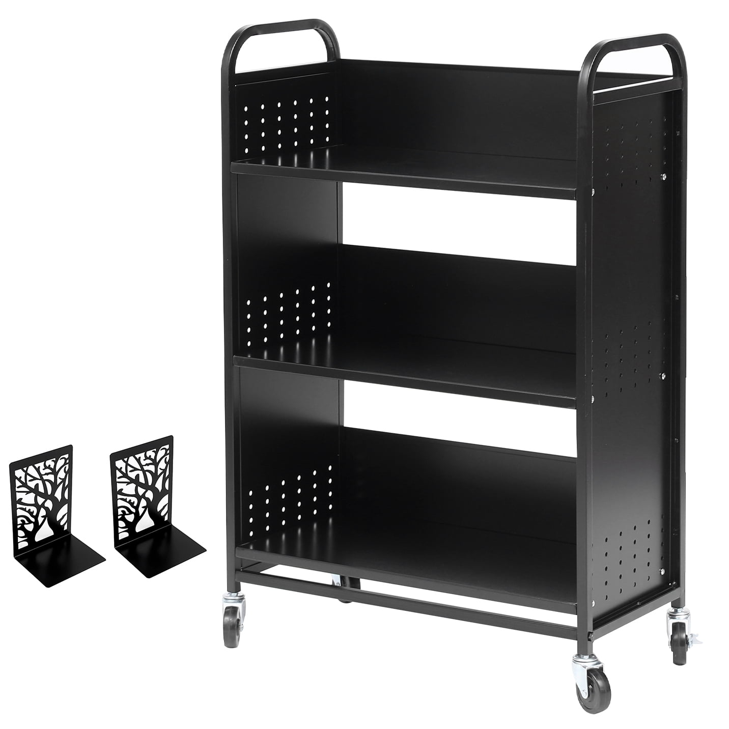 Book Cart, 200 lbs Library Cart, 3-Tier V-Shaped Shelving, 4 Lockable ...