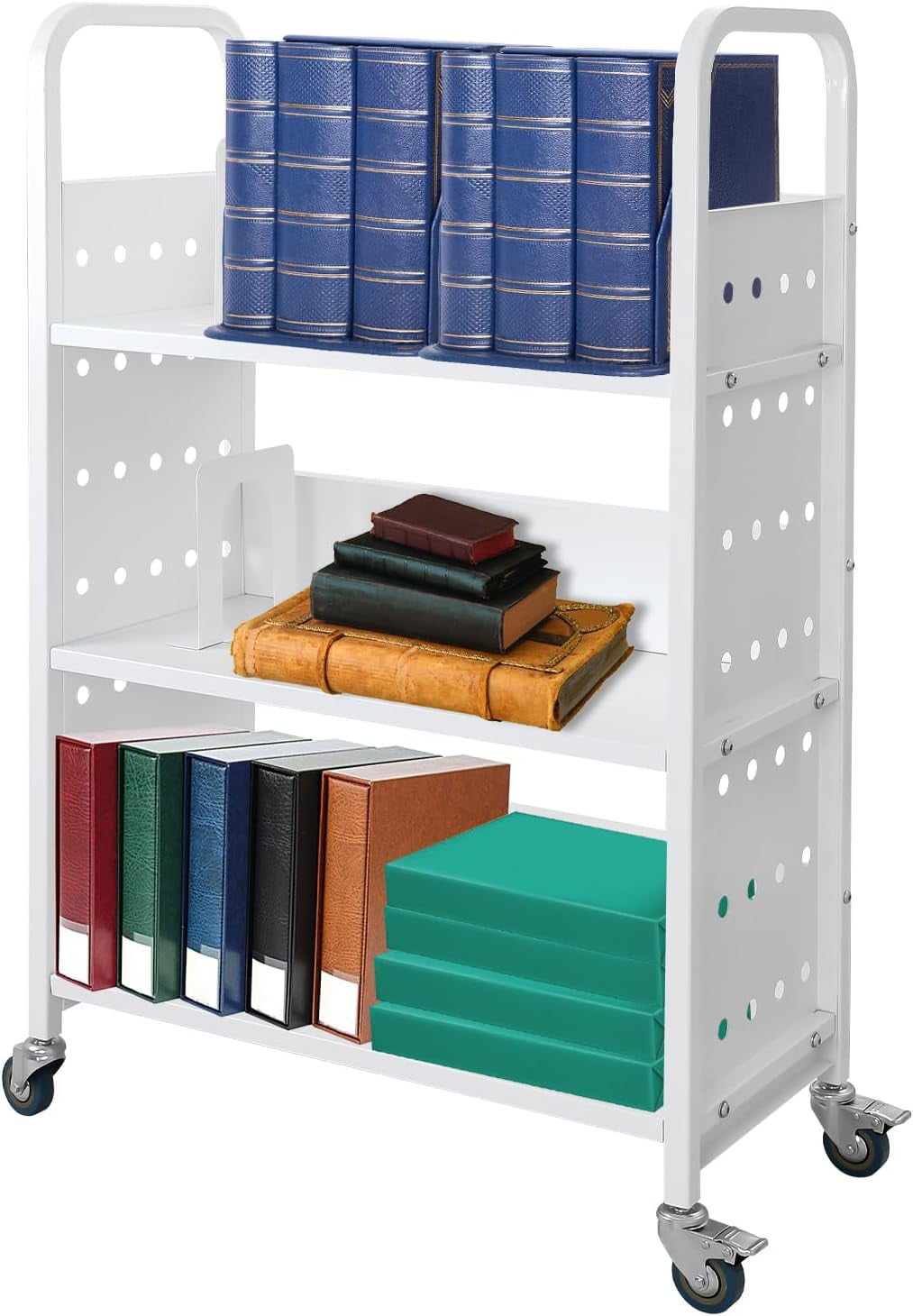 Book Cart, 200LBS Library Cart 3-Shelf, Single Sided L-Shaped Rolling ...