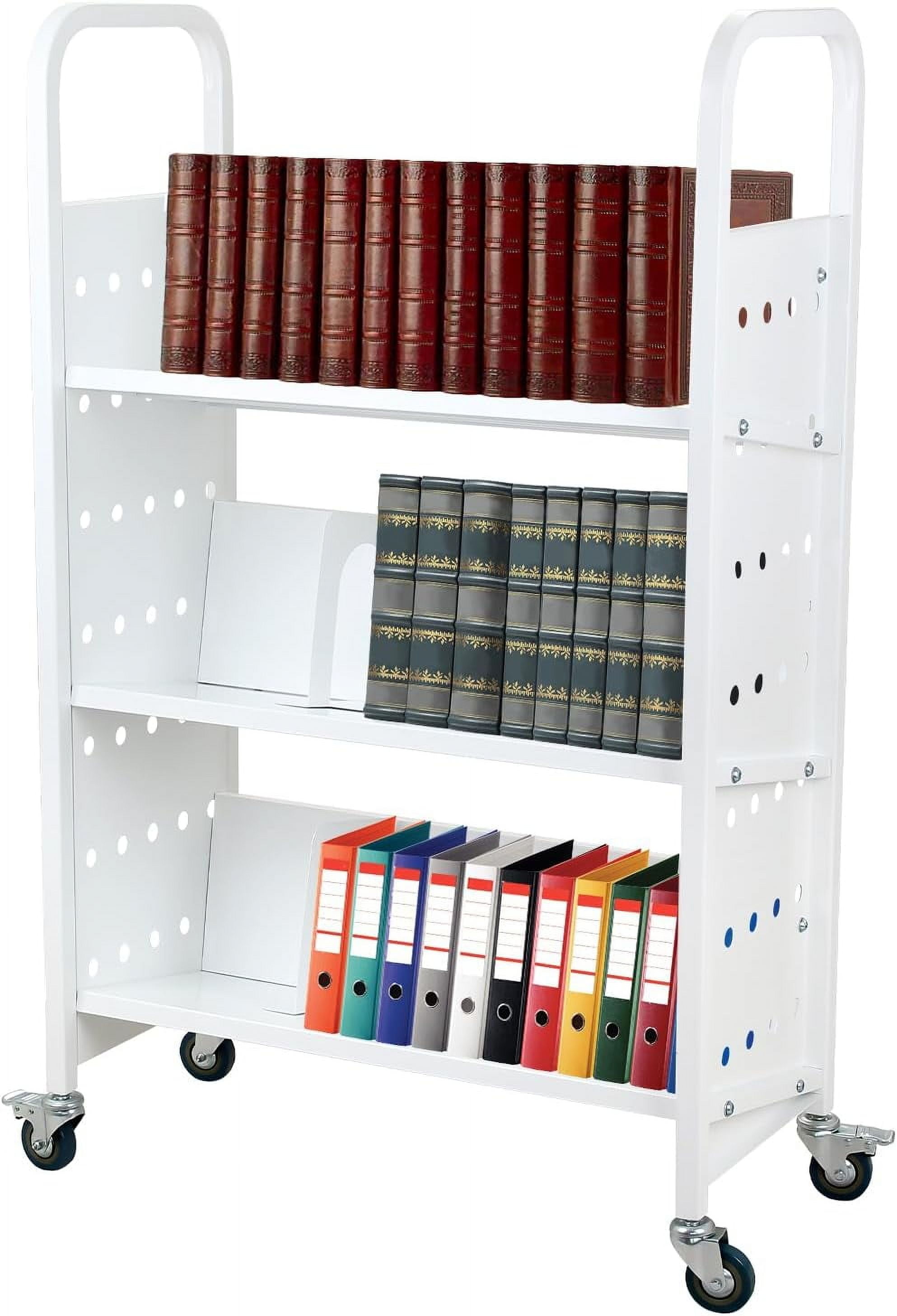 Book Cart, 200LBS Library Cart 3-Shelf, Single Sided V-Shaped Rolling ...