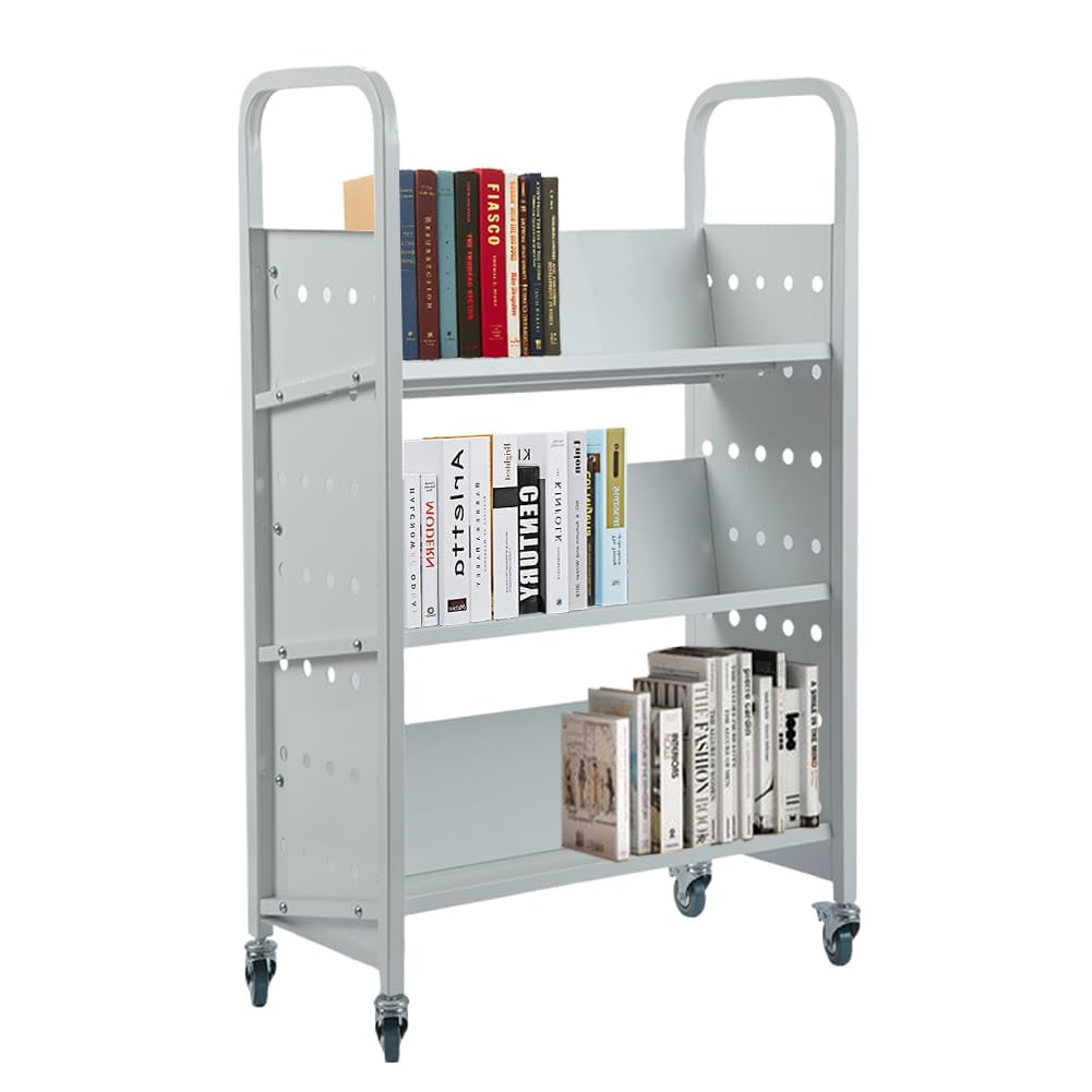 Book Cart, 3-Layer V-Shaped Silver Library Book Cart, 200LBS Loading ...