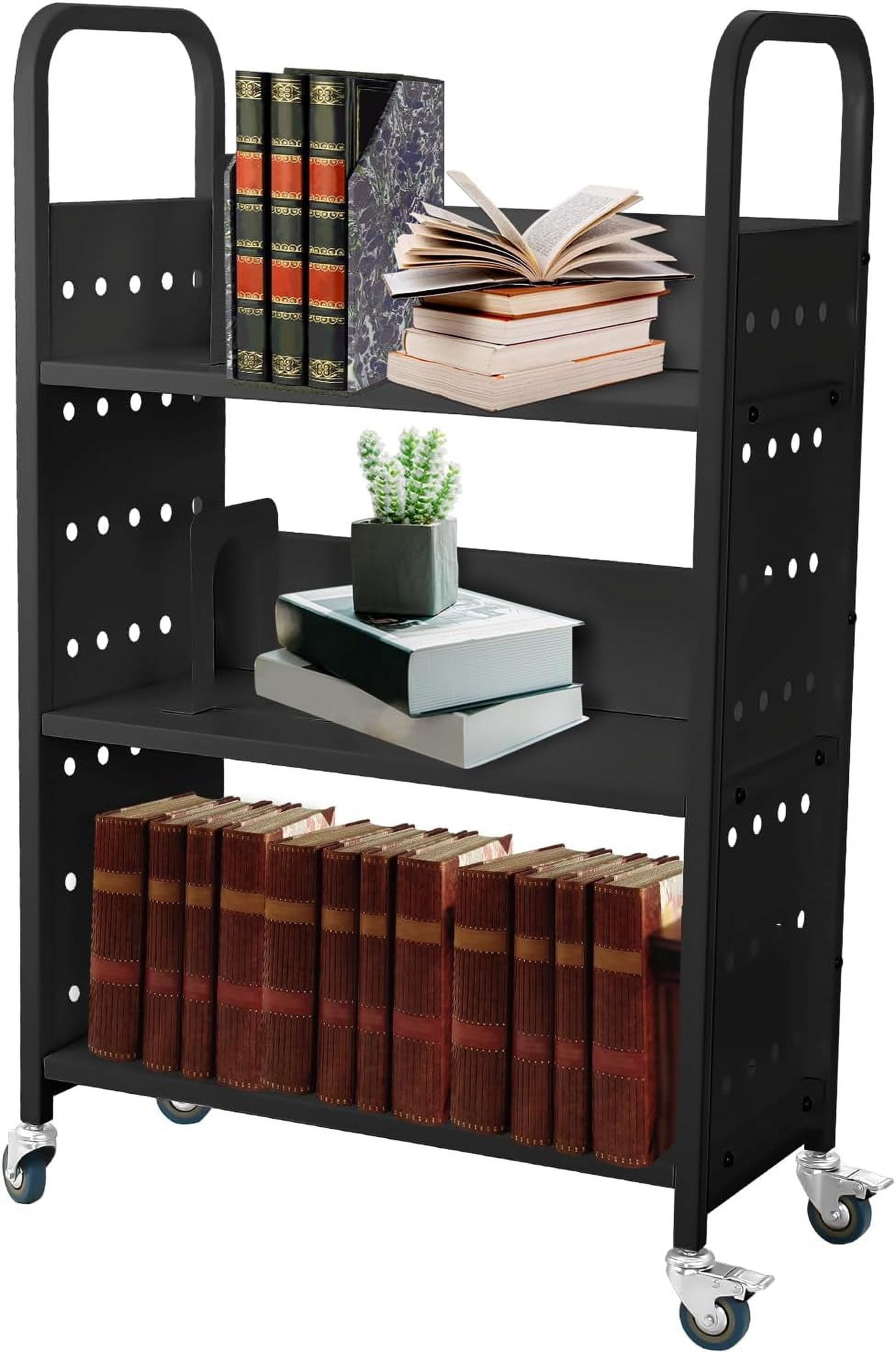 Book Cart, Library Cart 3-Shelf, Single Sided L-Shaped Rolling Book ...