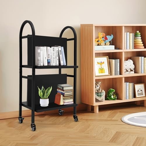 Book Cart, Office Book Cart with 4 Lockable Wheels 2 Tiers Rolling ...