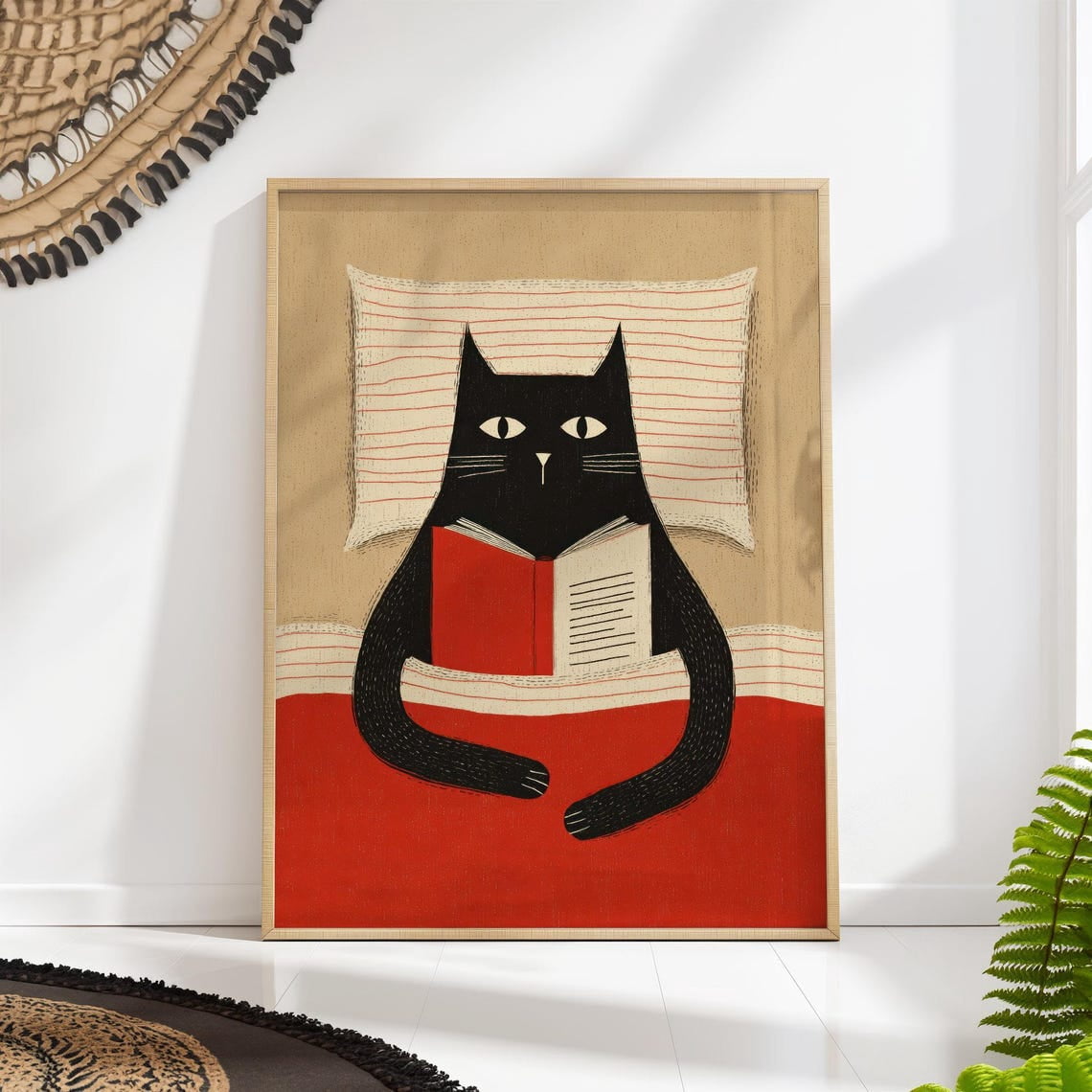 Book Cat Print Mid Century Modern Bedroom Animal Wall Decoration ...