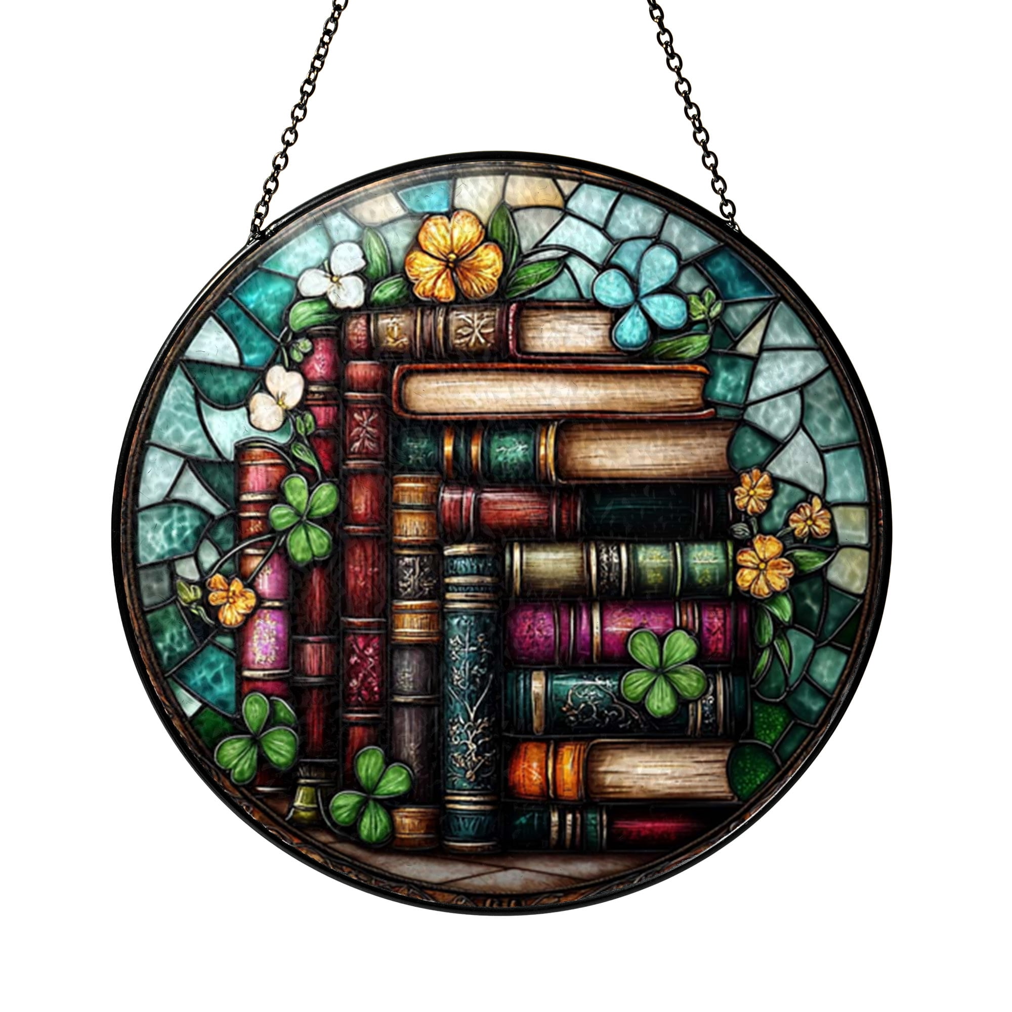 Book and Clover Stained Glass Inspired Suncatcher, Literary Window ...