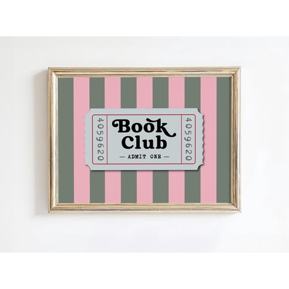 Book Club Print, Trendy Admit One Ticket Bookish Print, Green & Pink ...