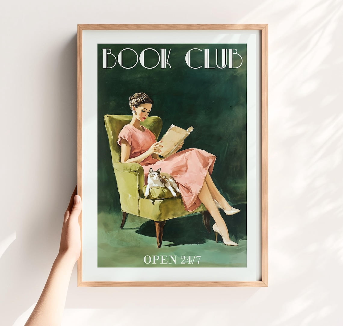 Book Club Retro Woman Reading Cat Vintage Literary Wall Decor, Unframed ...