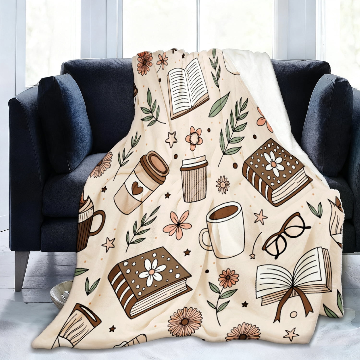 Book & Coffee Cup Flannel Blanket - All-Season Soft Reading Throw with ...