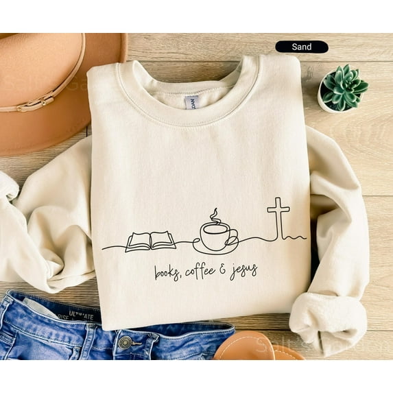 Book Coffee Jesus Christian Sweatshirt, Religious Minimalist Line ...