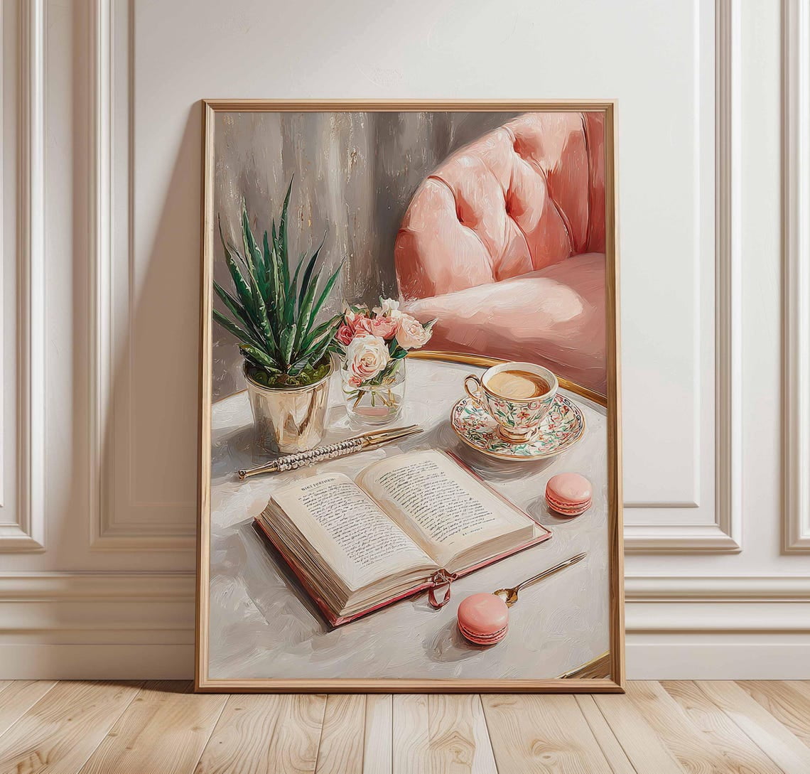 Book Coffee Pink Reading Nook Cozy French Macaron Feminine Corner ...
