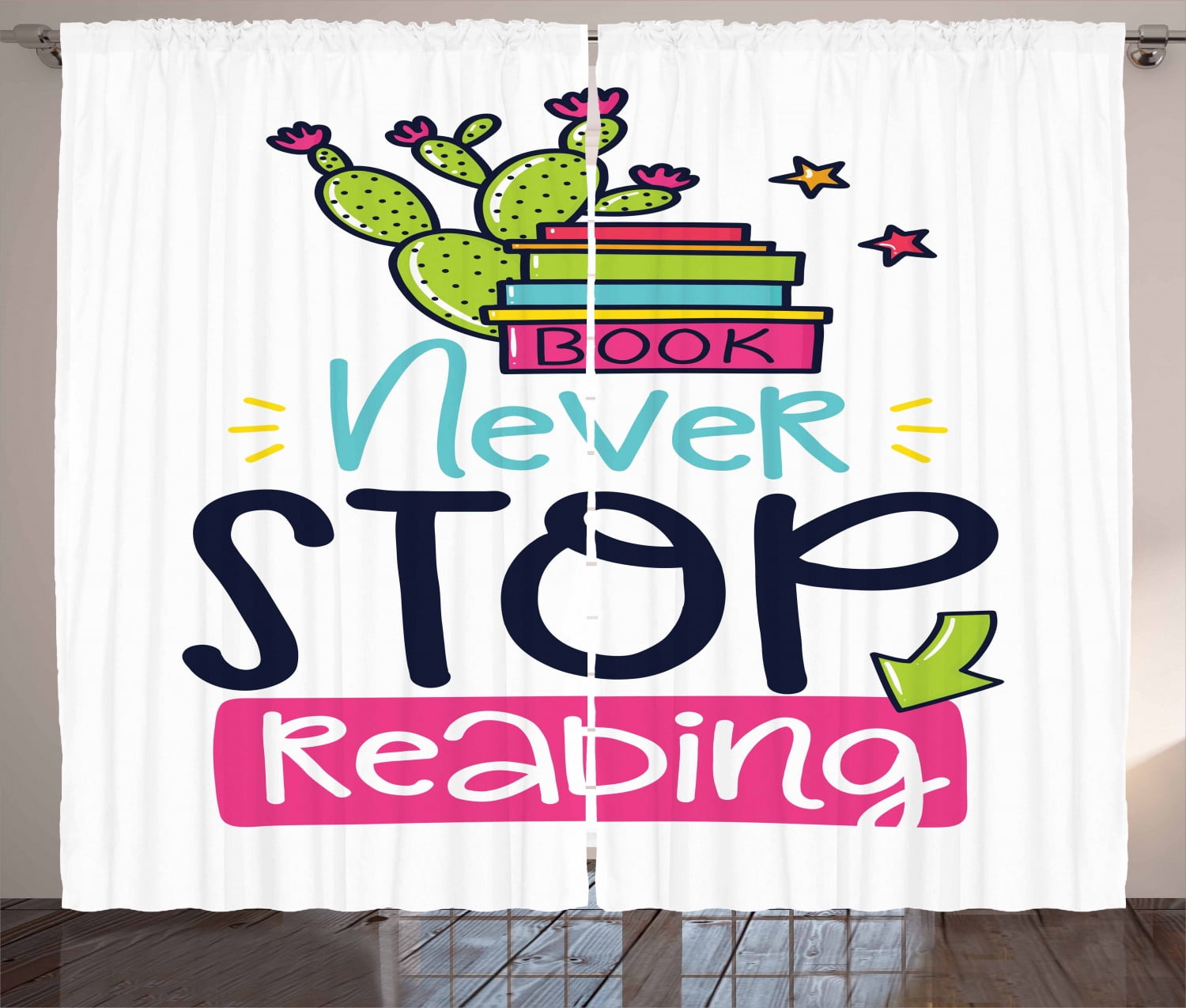 Ambesonne Book Curtains 2 Panel Set, Vivid Cactus and Stars, 108" x 90 ...