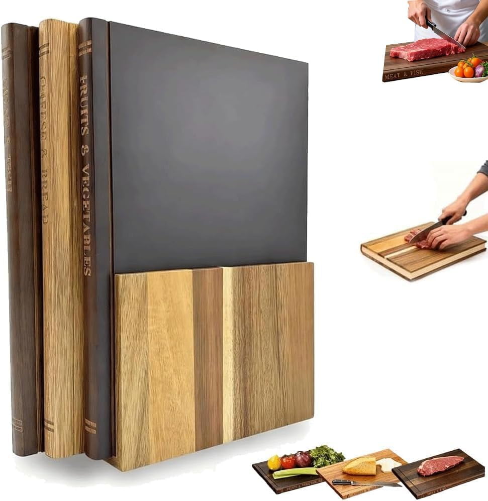 Book Cutting Board Set of 3 with Stand, 100% Solid Acacia Wood ...