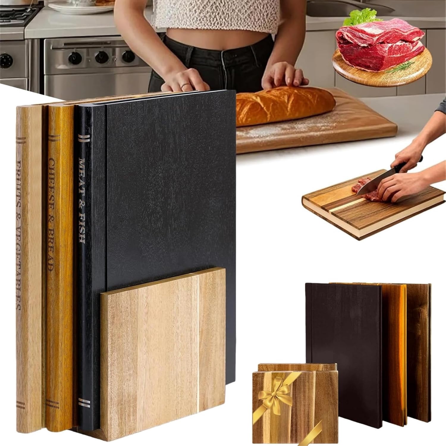 Book Cutting Board Set Wooden Cutting Board Library With Stand Book ...