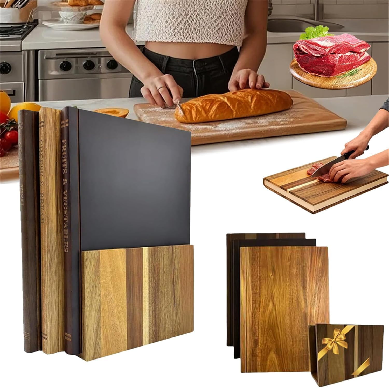 Book Cutting Board Set Wooden Cutting Board Library With Stand Book ...