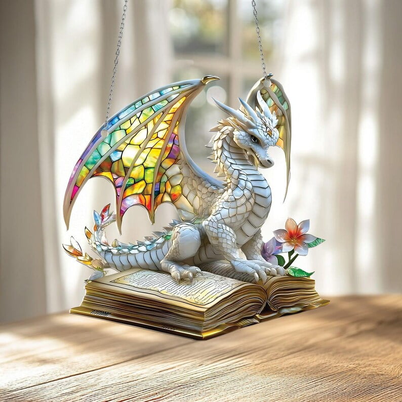 Book Dragon Acrylic Suncatcher, Fantasy Dragon Window Hanging, Perfect ...