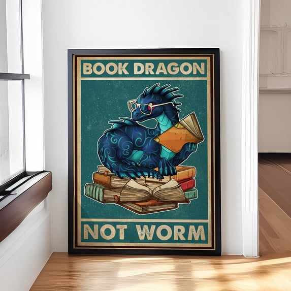 Book Dragon Not Worm Poster for Book Lovers, Retro Dragon Poster Wall ...