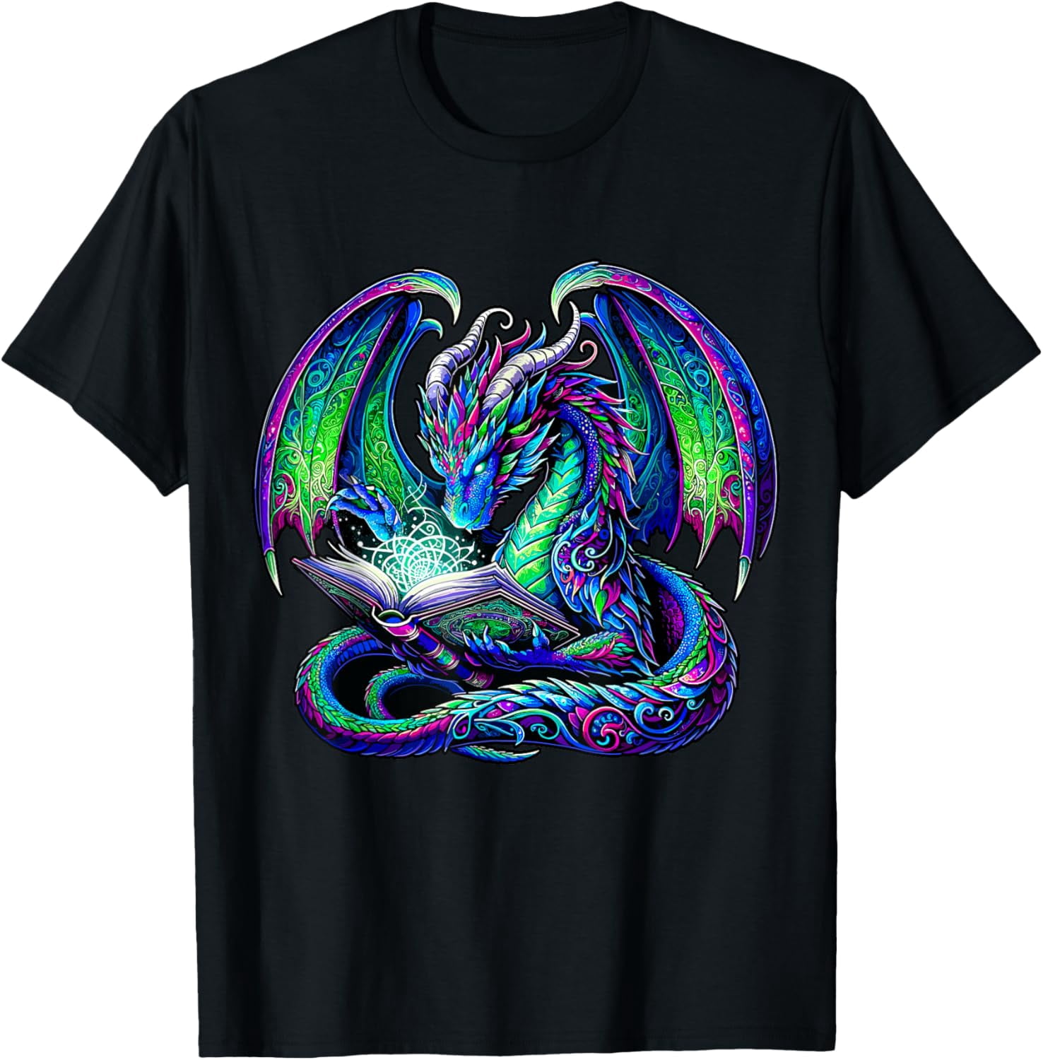 Book Dragon Reading Lover Mythical Bibliophile Literary Core T-Shirt ...