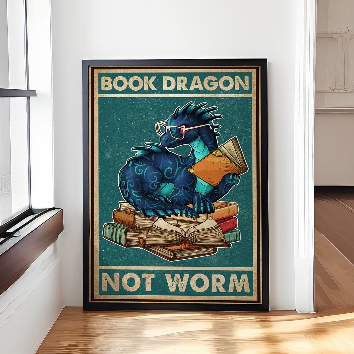 Book Dragon Not Worm Poster For Book Lovers, Retro Dragon Poster Wall ...