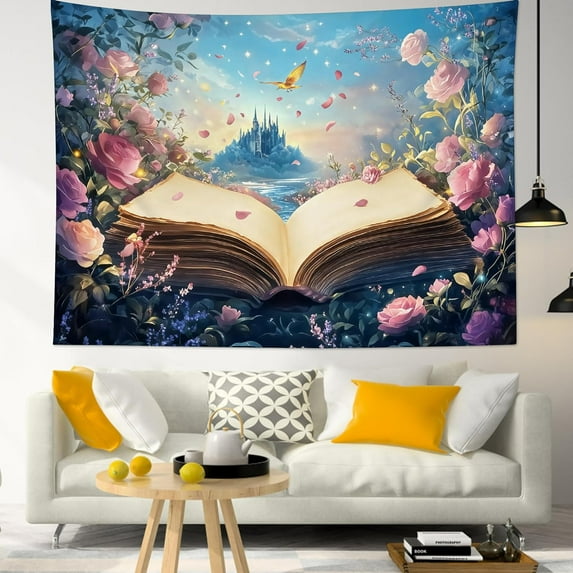 Book Floral Tapestry, Fairy Castle and Pink Flower with Book Wall ...