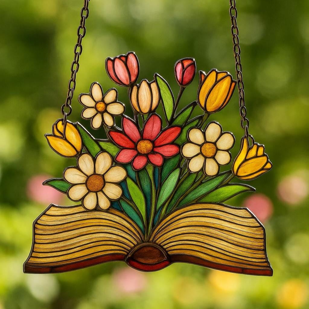 Book Flower Suncatcher, Floral Library Books Acrylic Window Hanging ...