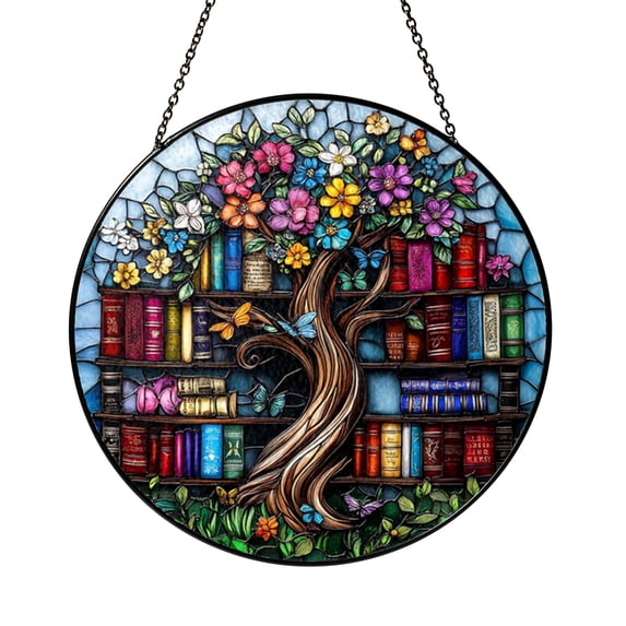 Book Inspired Tree Stained Glass Window Suncatcher, Round Floral Panel ...