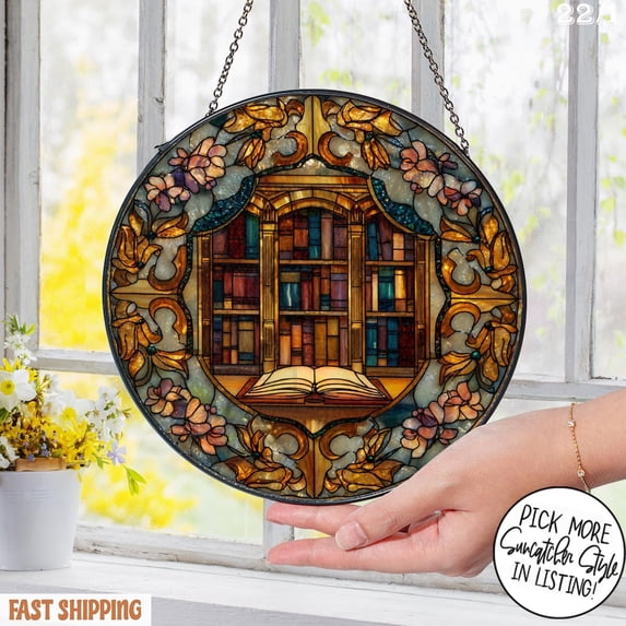 Book Library Theme Glass Suncatcher, Reading Nook Window Art, Book ...