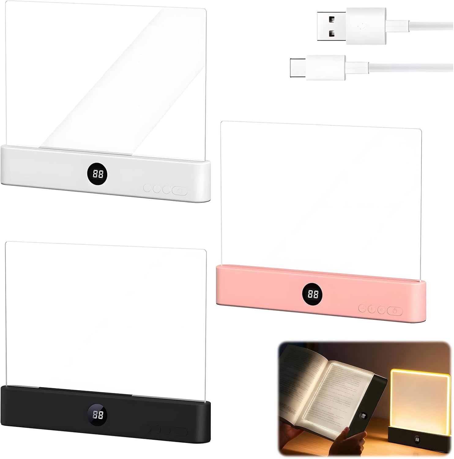 Book Light,Book Clip Reading Light,Rechargeable Clear LED Flat Book ...