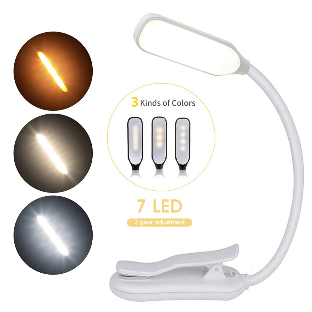 Book Light Mini 7 LED Reading Light Rechargeable 3-Level Warm Cool White Flexible Easy Clip Lamp ...