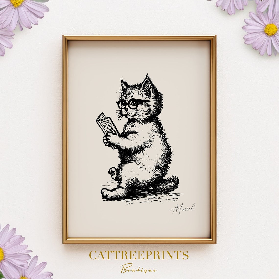 Book Lover Bookworm Cat Art Reading Nook Animal Decoration Unframed ...