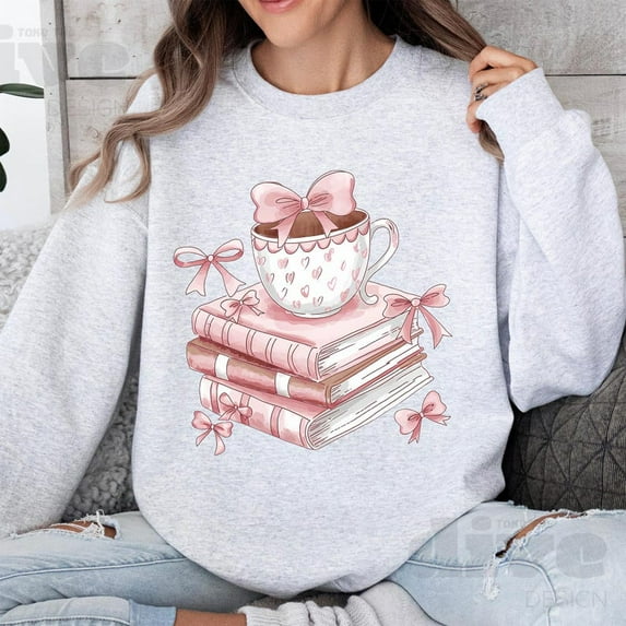 Book Lover Bow And Books Graphic Sweatshirt Coffee And Reading ...