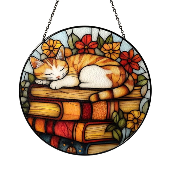 Book Lover Cat Stained Glass Style Suncatcher Window Hanging Decor ...